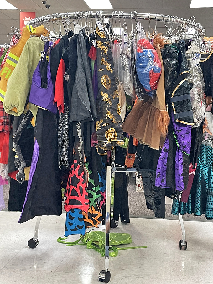 Halloween every day! This rotating rack of costumes proves one shopper's "what was I thinking?" becomes another's treasure.