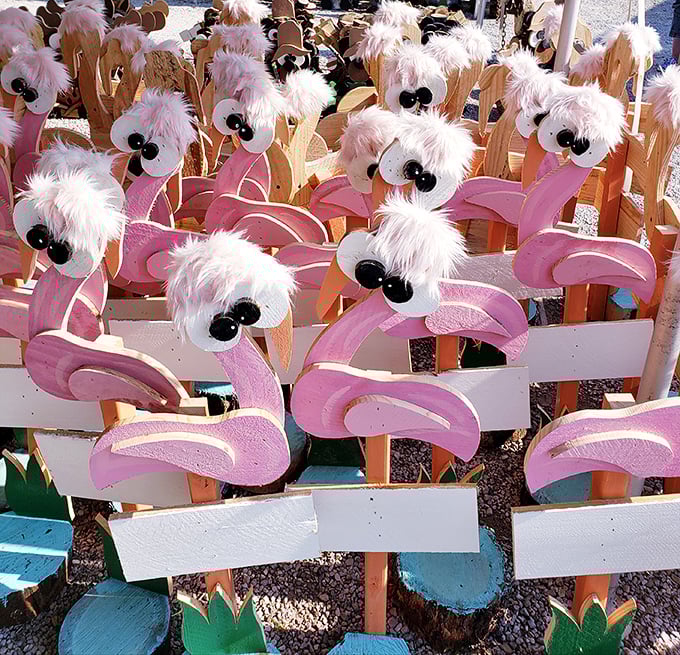 A garden of whimsical flamingos that would make even the most serious gardener crack a smile. Lawn ornaments here are less decoration, more conversation starter.