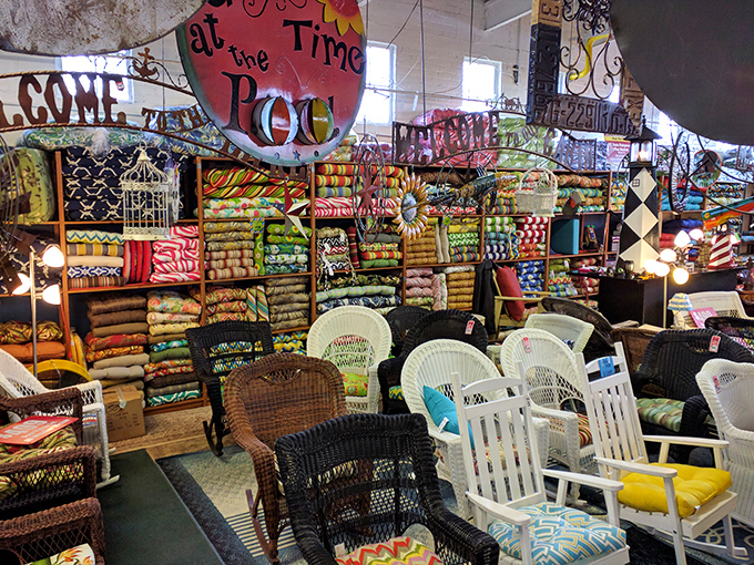 Farmhouse chic meets rustic elegance in this furniture display that proves everything old becomes new again with just the right vision and a touch of paint.