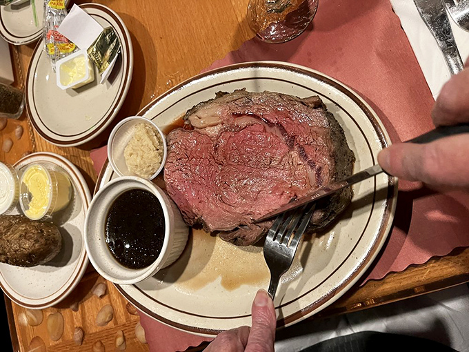 Prime rib so perfectly pink it should come with its own Instagram filter. That horseradish sauce is standing by for those brave enough.