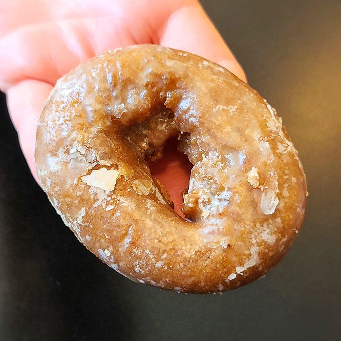One perfect pumpkin donut, held like a precious artifact. Indiana Jones never discovered treasure this valuable.