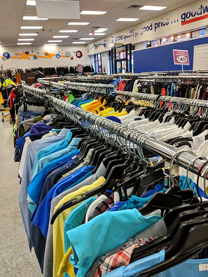 Like a library of fabric instead of books, these racks tell stories of past lives and future possibilities in every shade.