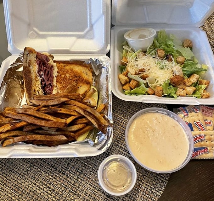 When takeout becomes an event &ndash; a Reuben sandwich that doesn't skimp on the good stuff, paired with a Caesar salad that actually deserves its name.