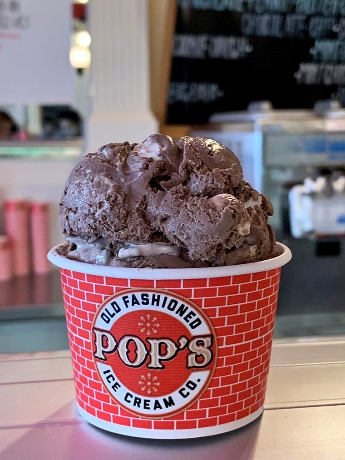 Chocolate so rich it should have its own tax bracket, sharing real estate with what appears to be rocky road&mdash;a decadent address indeed.