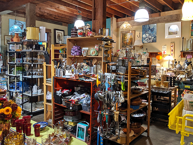 Kitchen implements from every era stand at attention, ready for their second act. That Pyrex bowl has seen more family recipes than a church cookbook!