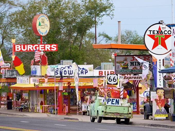 A kaleidoscope of Americana where every sign competes for your attention—and somehow, they all win. Betty Boop would feel right at home here.