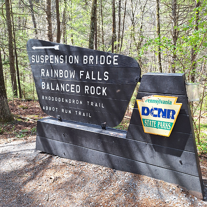 Trail signs that actually tell you where you're going? Revolutionary! This helpful guide points the way to Trough Creek's greatest hits, no GPS required.