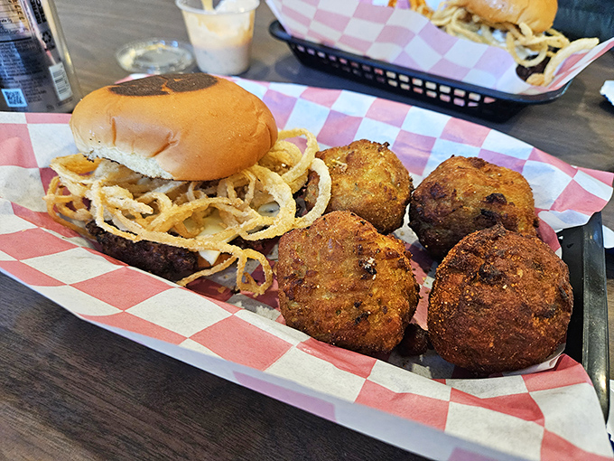 This isn't just a burger with crispy onions - it's architecture, it's art, it's everything good about America on a checkered paper.