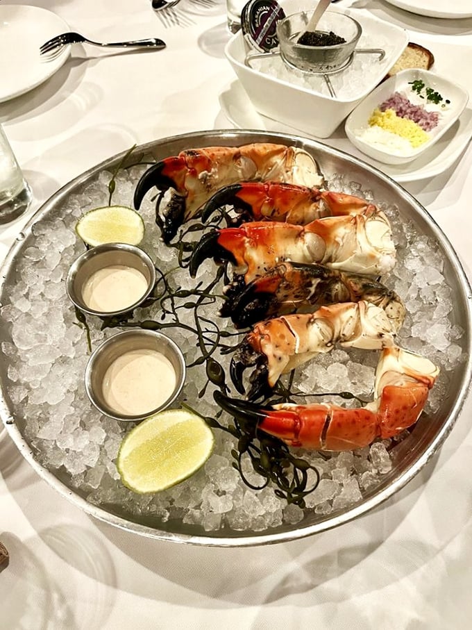 Stone crab claws presented on ice with surgical precision. Nature's perfect appetizer requires no improvement&mdash;just a squeeze of lemon and appreciative sighs.