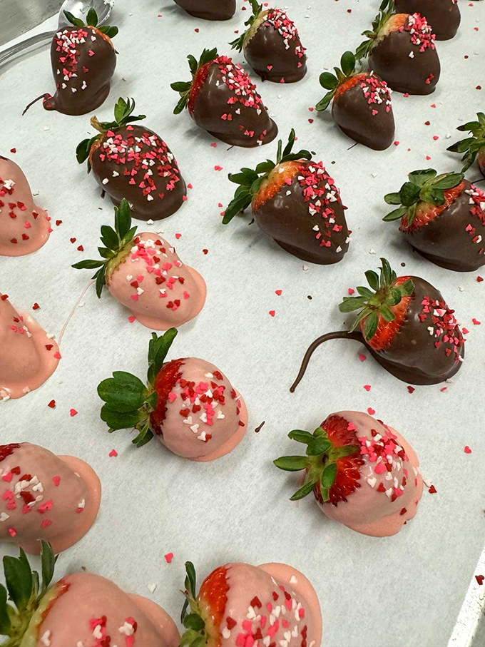 Valentine's Day meets breakfast indulgence with these chocolate-dipped strawberries. Who says romance can't come with sprinkles and a sugar rush?