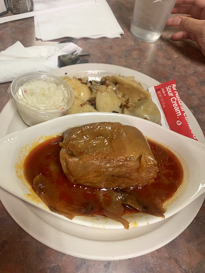 The stuffed cabbage roll sits in its tomato throne, a testament to how something so simple can become so magnificent in the right hands.