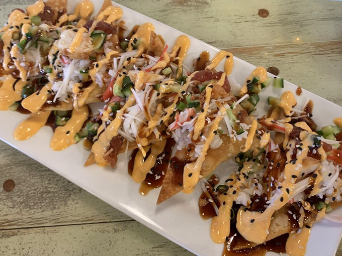 Sushi meets nachos in this fusion masterpiece that somehow makes perfect sense once you taste it.