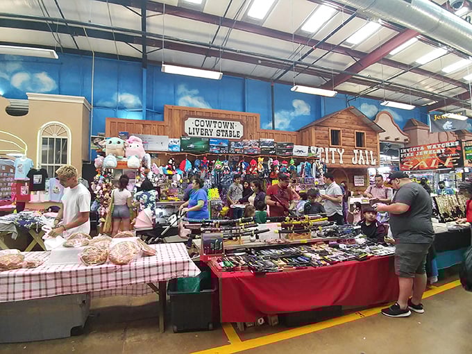 The Old West aesthetic continues inside with a touch of whimsy. Where else can you shop for jewelry while being watched by a wooden jailhouse?