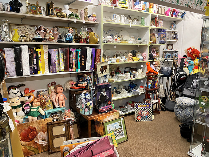 Childhood memories line these shelves where vintage dolls and toys stand at attention, patiently waiting for their next adventure with a new generation.