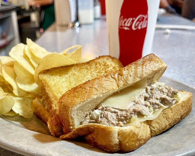 The humble tuna melt elevated to art form. Melty cheese embraces tuna salad on golden toast&mdash;comfort food that speaks a universal language.