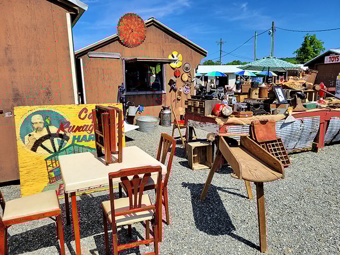 Rustic chairs and weathered signs create an outdoor gallery of Americana. Each piece carries the patina of stories we can only imagine.