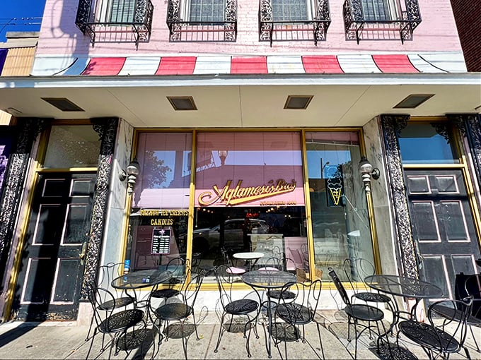 Aglamesis Bro's candy-striped awning is like a beacon of sweetness, promising old-world ice cream pleasures inside.