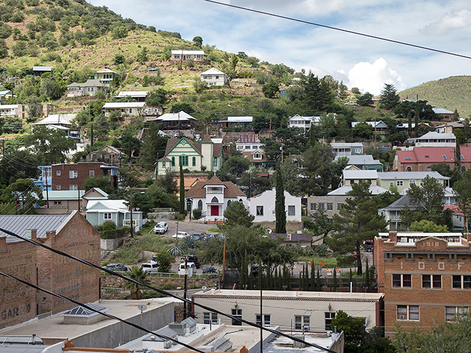 Bisbee's colorful homes cascade down the hillside like a box of crayons spilled across the Mule Mountains.