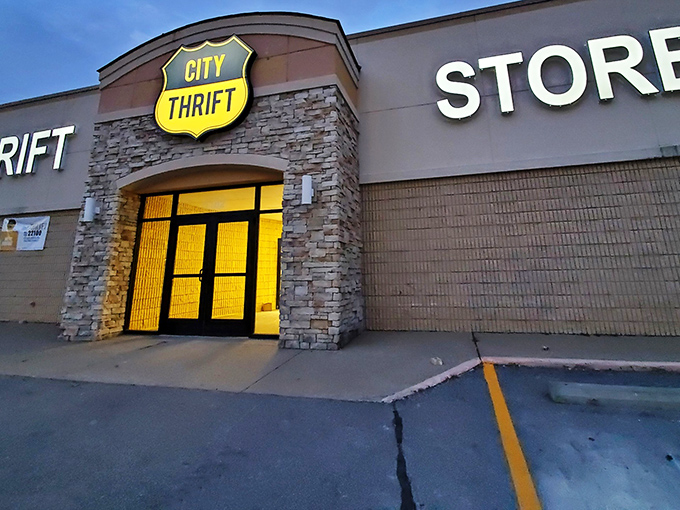 City Thrift's stone facade and shield-shaped sign give it the grandeur it deserves. Thrifting on a department store scale!