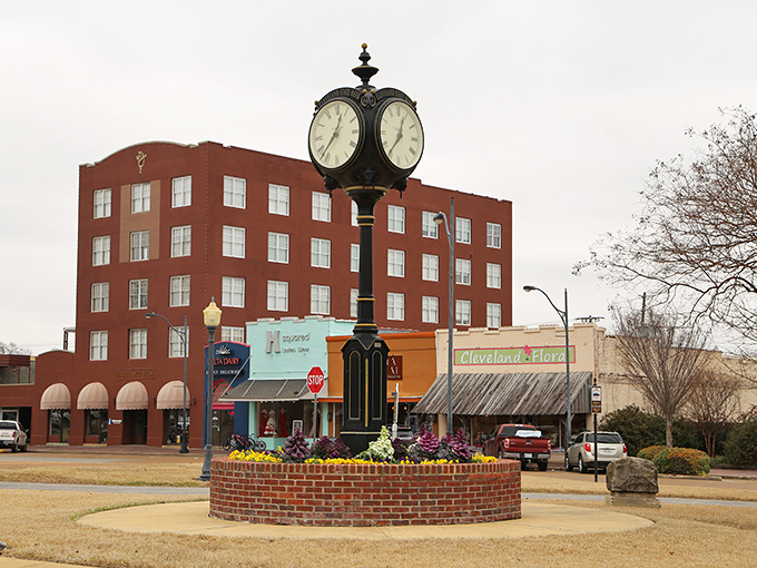 Cleveland's downtown clock tower stands as the unofficial timekeeper of Delta memories, surrounded by brick buildings full of stories.