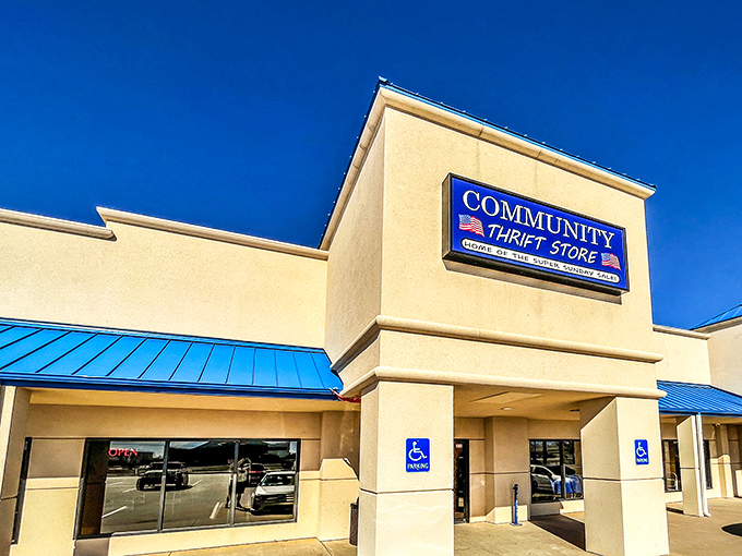 Community Thrift's bright blue accents pop against the Oklahoma sky—as cheerful as the deals waiting inside.