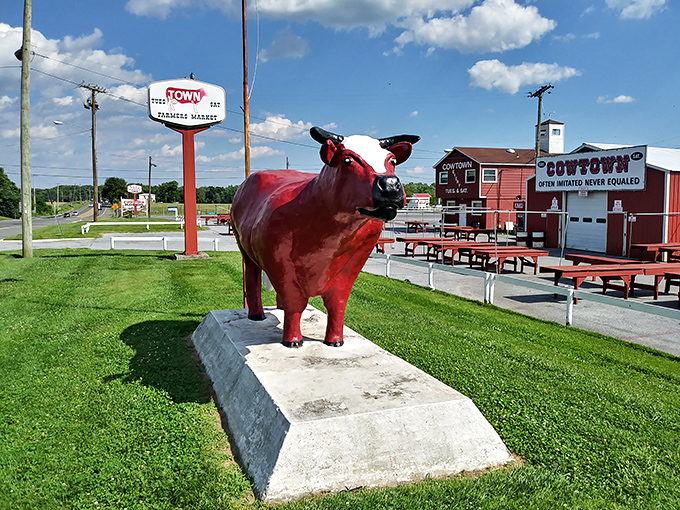 The crimson cow stands guard at Cowtown, a bovine beacon guiding shoppers to bargain bliss.
