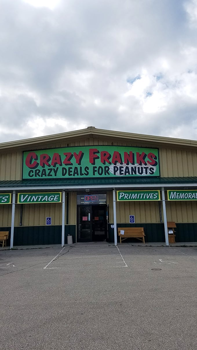 "Crazy Deals For Peanuts" isn't just a slogan&mdash;it's a promise written in red letters against a green backdrop of bargain potential.