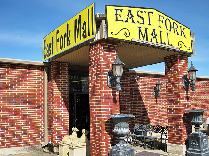East Fork Mall's brick-and-mortar presence stands ready to welcome hunters of history with its bright yellow sign and classic lanterns. 