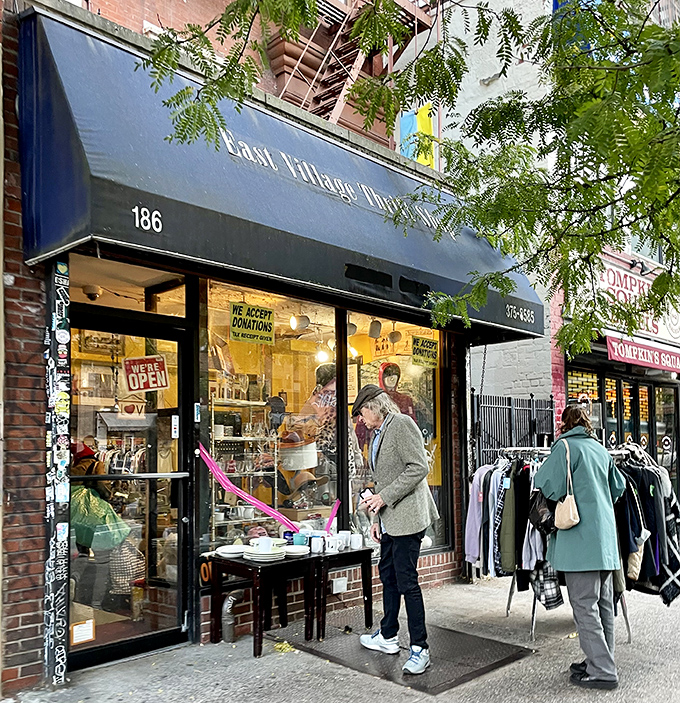 East Village Thrift's sidewalk displays tempt treasure hunters with a preview of vintage delights inside.