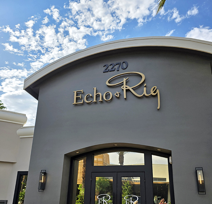 Echo & Rig's sleek curved exterior hints at the modern approach to steakhouse tradition waiting for meat lovers inside.