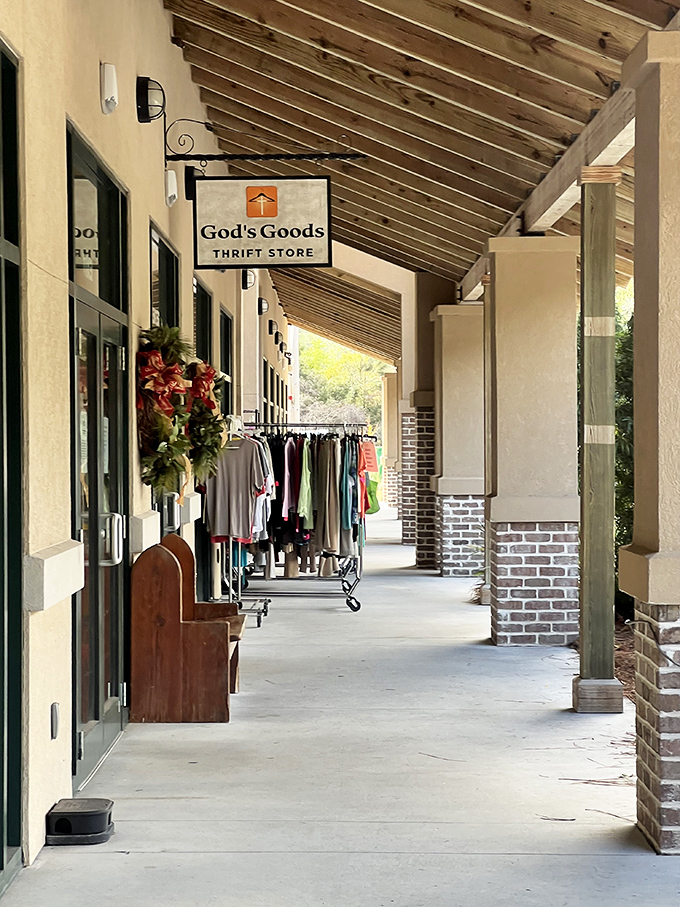 God's Goods' covered walkway offers a boutique shopping experience. Who knew thrifting could feel this sophisticated?