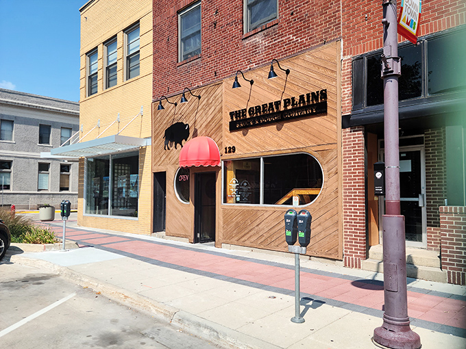The Great Plains' wooden storefront and buffalo silhouette &ndash; where Midwest meets West in delicious harmony.