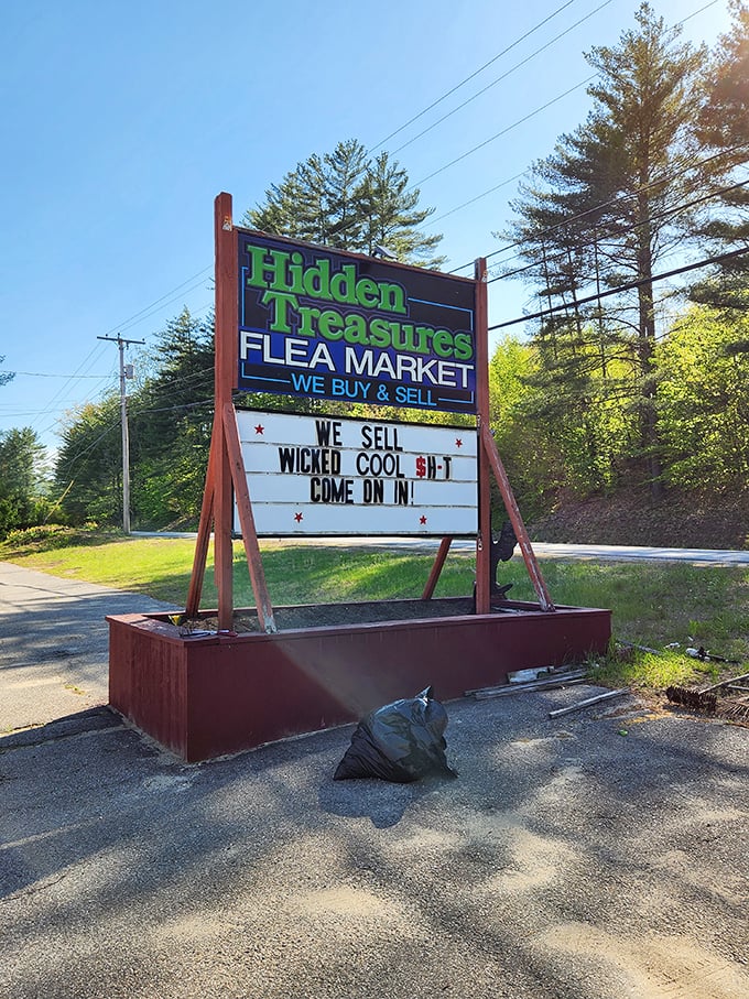"We sell wicked cool stuff" - the most honest advertising in New Hampshire stands proudly by the roadside.