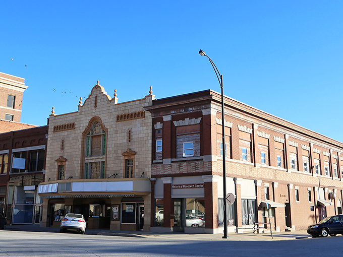 Independence's historic theater facade brings Spanish Revival glamour to small-town Kansas—a touch of Hollywood on the prairie.