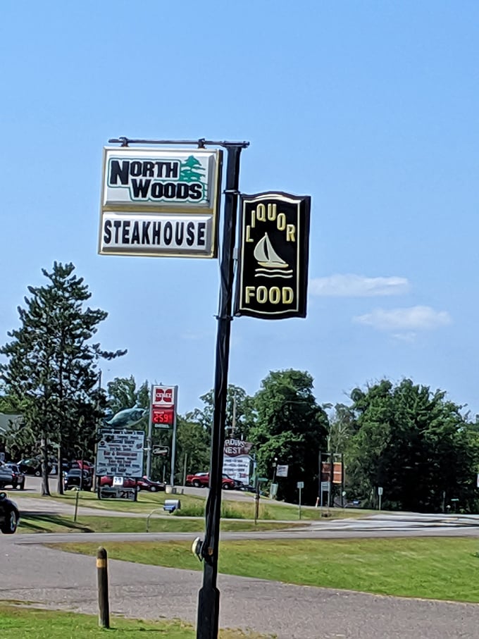 Northwoods Steakhouse's sign promises two essential Minnesota pleasures: great steak and outdoor adventure. The combination is pure genius.