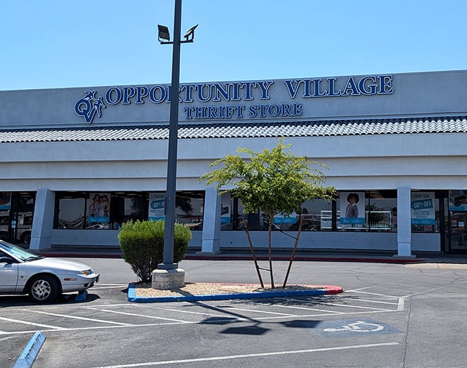 Opportunity Village's bold blue sign shines like a beacon for bargain hunters and community supporters alike.