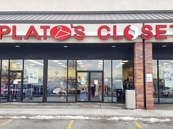 Plato's Closet's bold red signage promises fashion without the sticker shock. Philosophy students approve of these affordable ethics!
