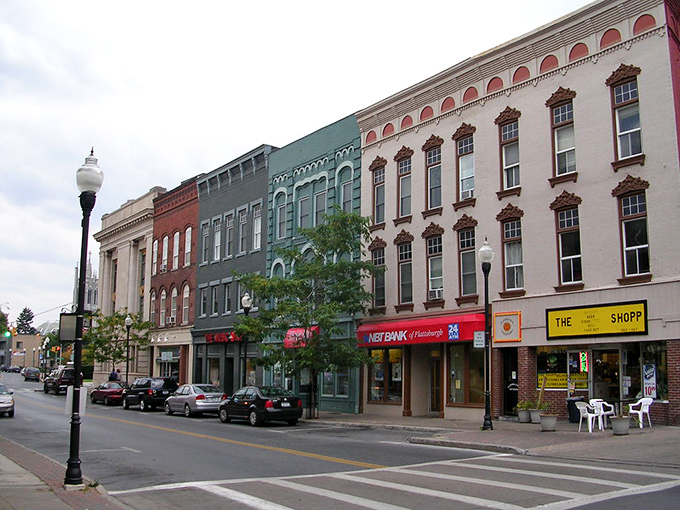 Hanging flower baskets add splashes of color to Plattsburgh's historic downtown, where brick buildings tell stories of yesteryear.