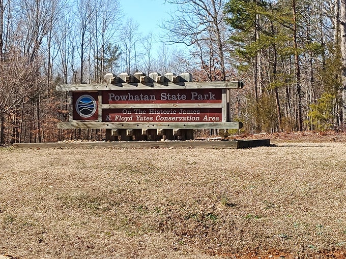 Powhatan's rustic welcome sign promises adventures along the same river that shaped Virginia's earliest history.