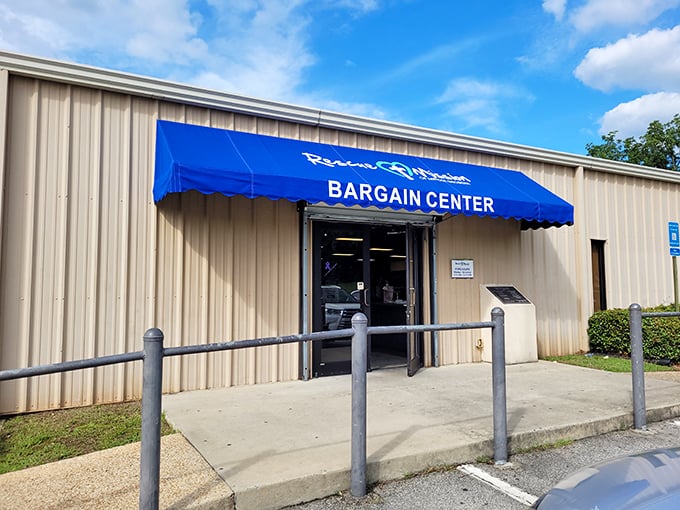 The blue awning signals salvation for both your wallet and your home decor needs. Bargain heaven awaits!