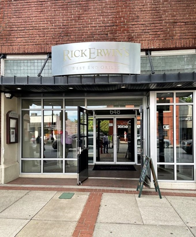 Rick Erwin's sleek entrance promises sophisticated dining without pretension. Where Greenville goes for serious steak business.