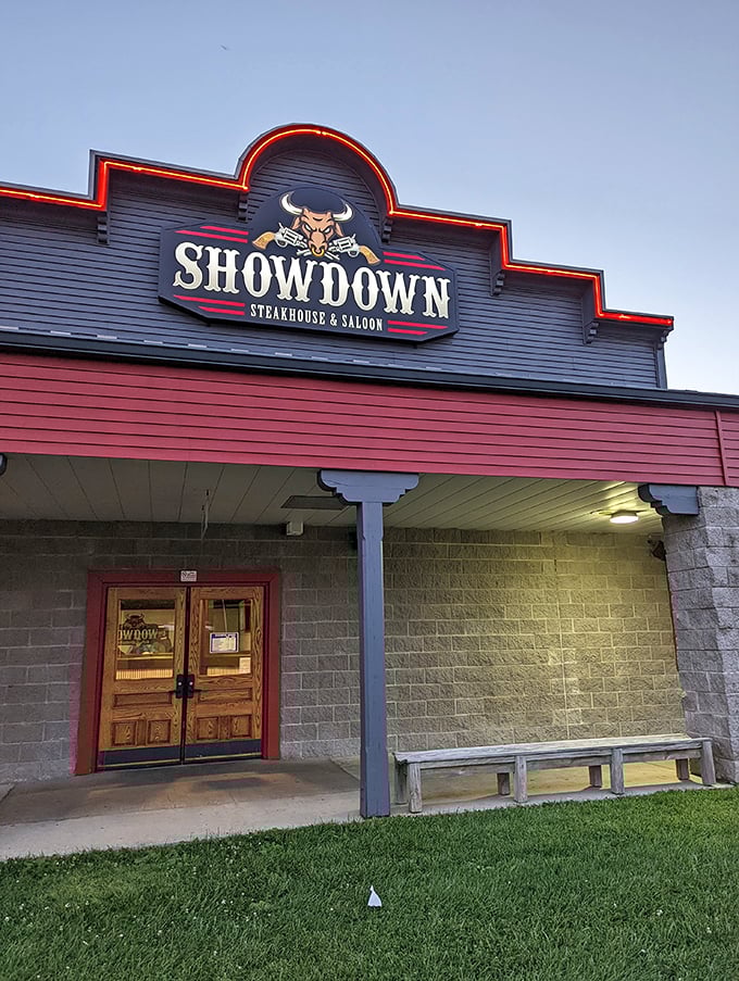 Showdown's Western-style entrance sets the mood before you've even seen a menu. That bull means business—delicious business.