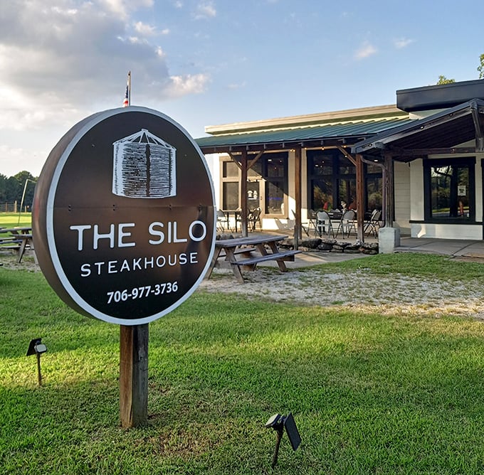 The Silo's distinctive round sign points the way to a steakhouse experience worth the drive to tiny Gay, Georgia.