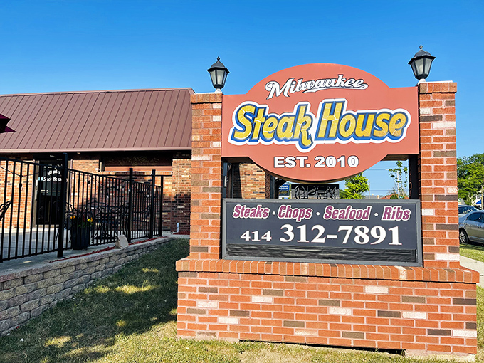 Milwaukee Steakhouse announces itself with confidence. That sign isn't compensating – they really do deliver on the promise.