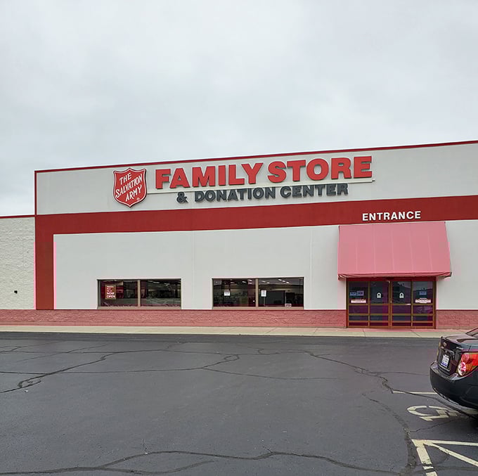 The Salvation Army's distinctive red signage welcomes Rockford shoppers to a clean, organized treasure hunt that supports community programs.