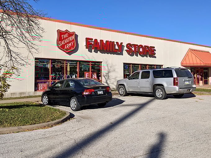 The Salvation Army's bold red signage promises a treasure trove inside&mdash;where your hunt for deals helps others in need.
