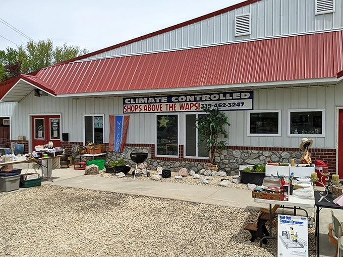 This distinctive building rises from the countryside like a rustic shopping castle, promising multi-level adventures for dedicated treasure hunters.