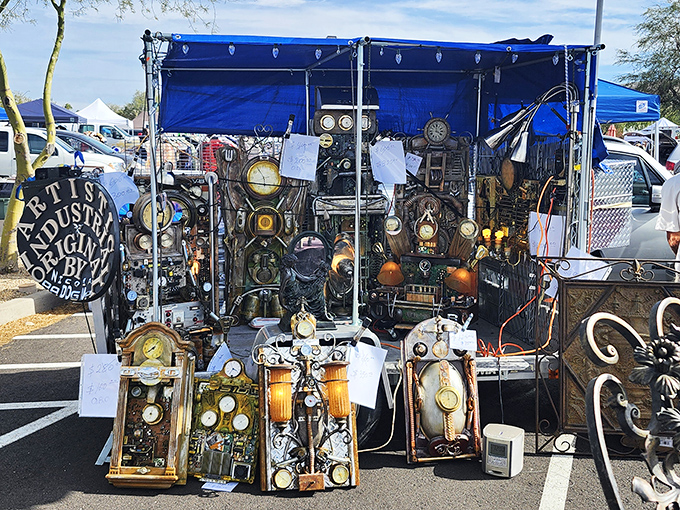 Steampunk meets mad scientist at this Thieves Market booth. These aren't just lamps—they're conversation pieces with electrical cords!