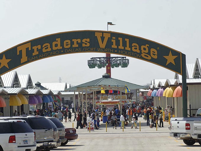 The grand entrance to Traders Village San Antonio promises a shopping adventure worthy of the Alamo City.