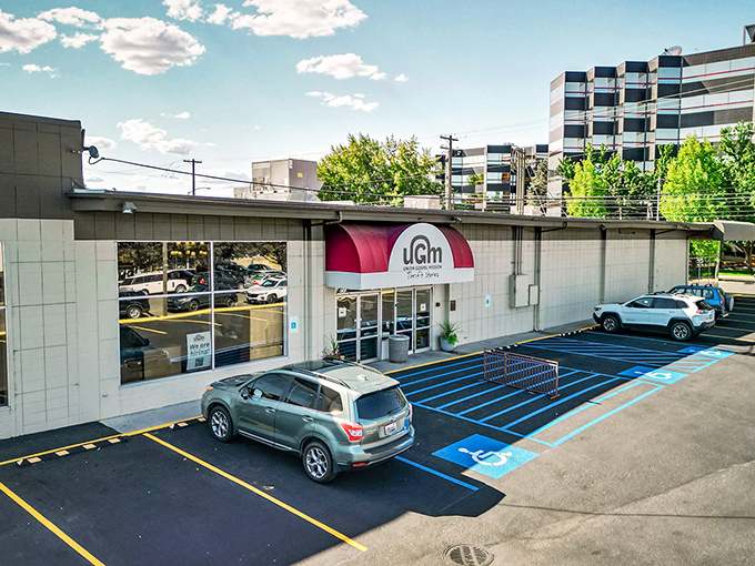 UGM Thrift's unassuming exterior hides a wonderland of organized secondhand delights under those bright lights.